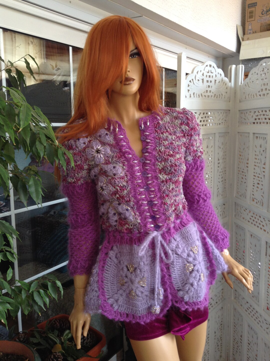 Mohair Jacket Hand Knit & Crochet Lilac Purple Embroidered Beaded ...