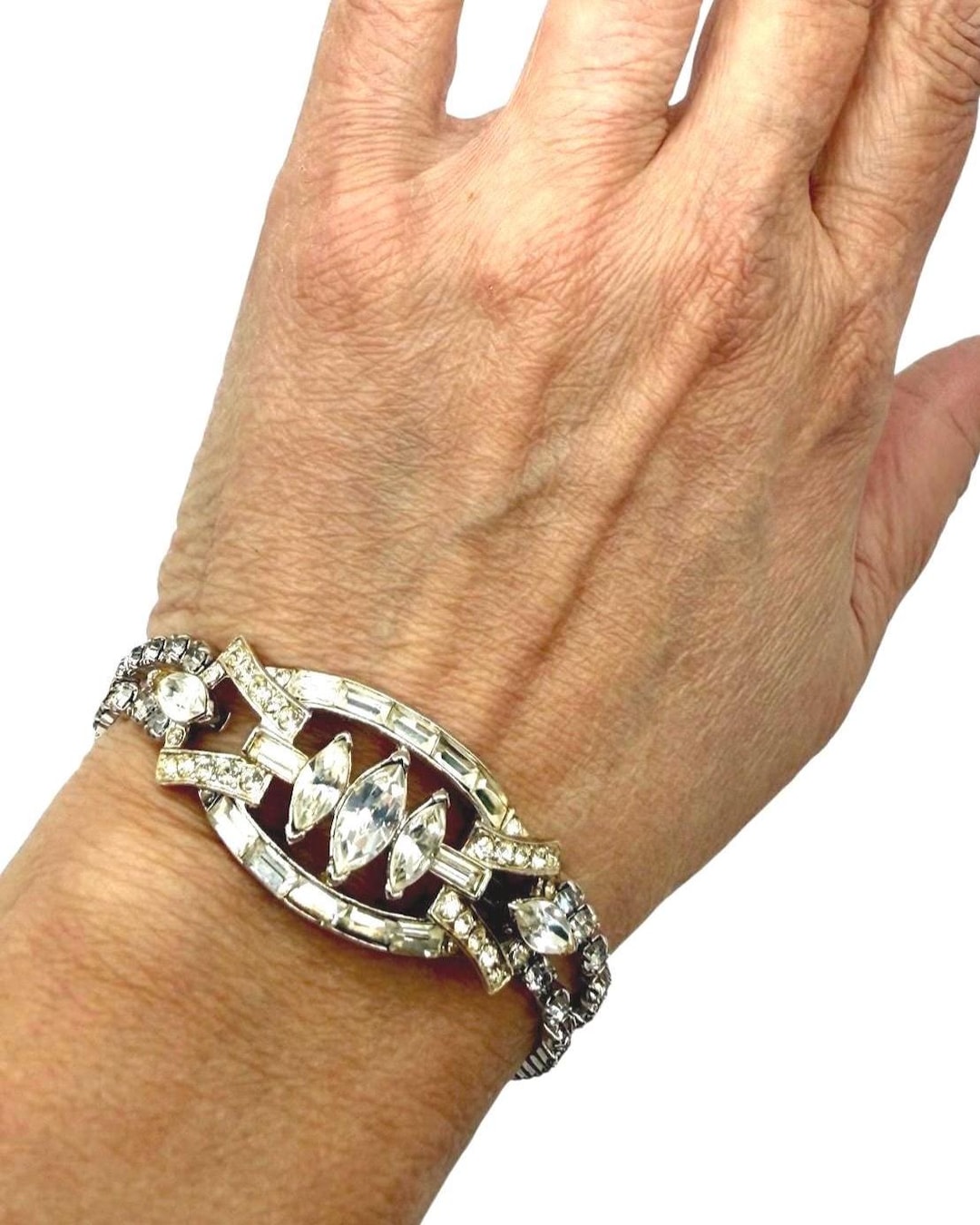 Coro Art Deco Rhinestone Bracelet | Signed | 1930s–1940s Rhodium Plated ...