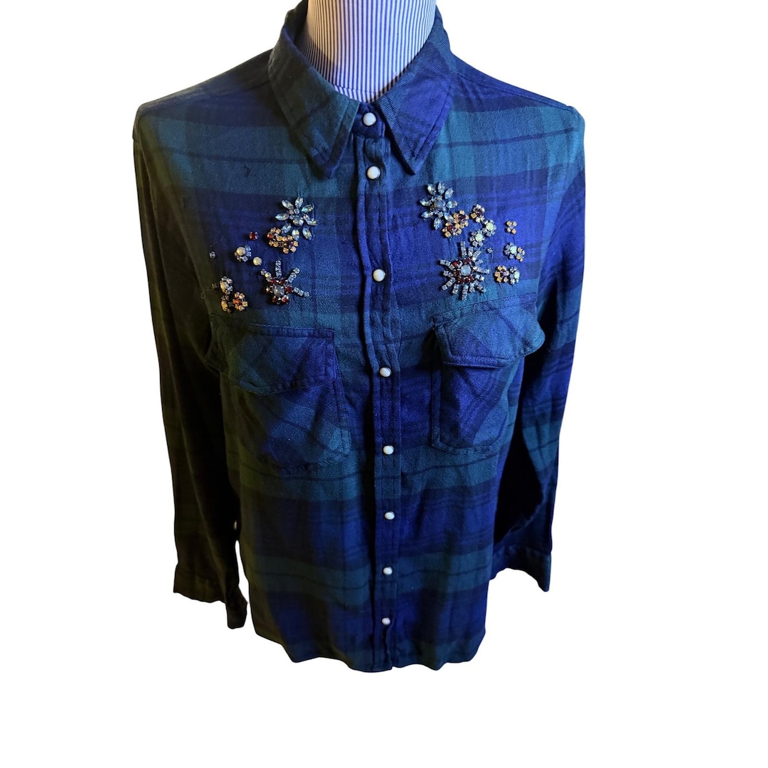 ZARA BASIC 1975 DENIM Blue Green Plaid Embellished Button up Shirt Size ...