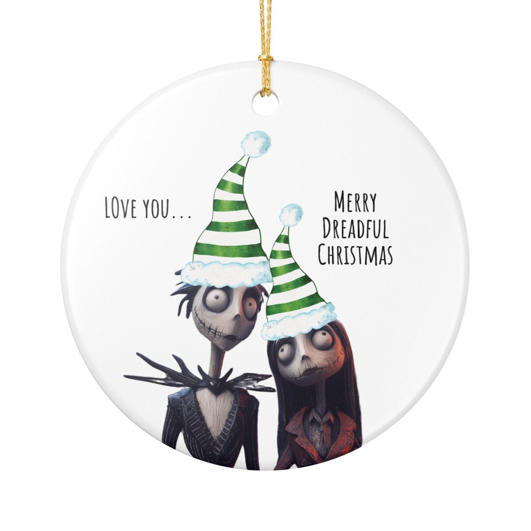 Goth Couple Merry Dreadful Christmas Ceramic Ornament | Round Christmas ...