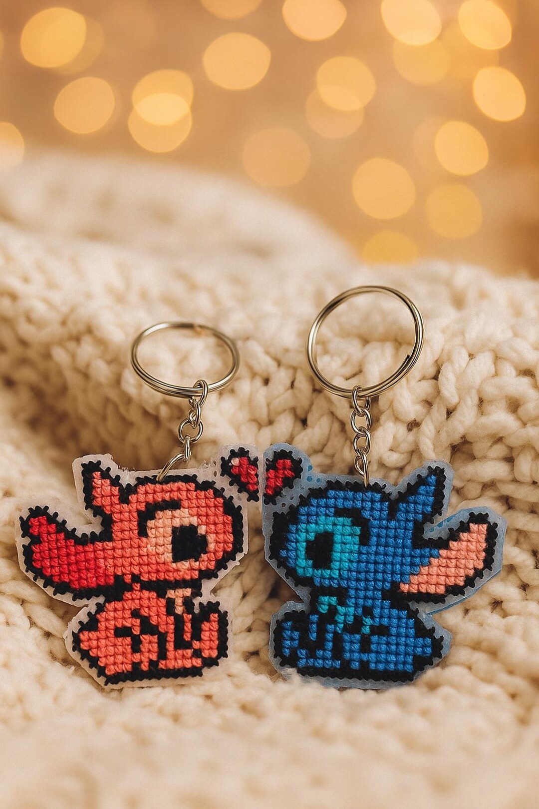 Handmade Cross-stitch Keychains: Stitch & Angel Couple Gift - Etsy