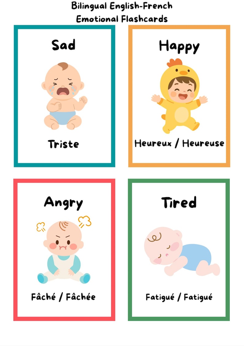 Bilingual Emotions Flashcards for Kids | English & French Feelings ...