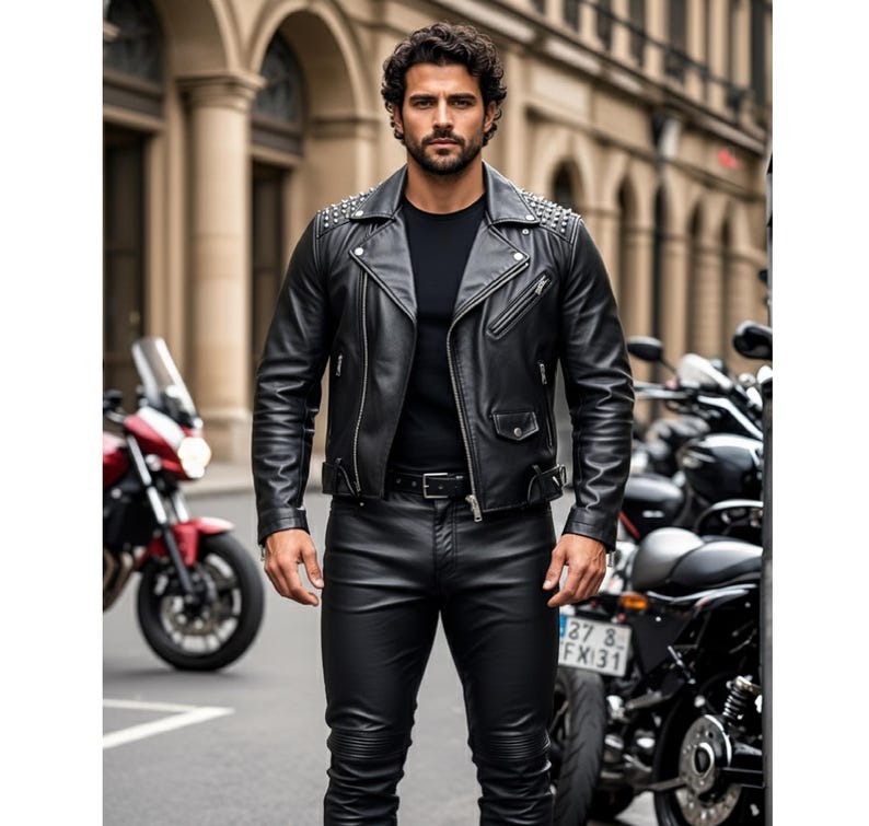 Men's Studded Black Leather Biker Jacket & Pants Set | Motorcycle Rider ...