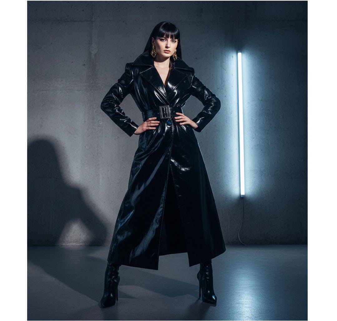 Cyberpunk Trench Coat and Ankle Boot Set, Black Patent Leather Look ...