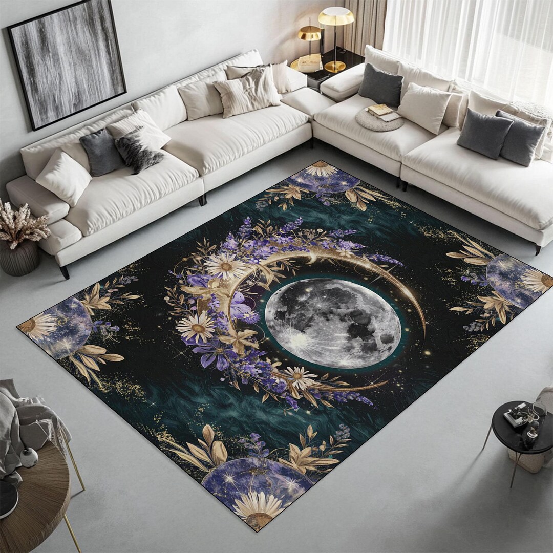 Celestial Moon Area Rug, Golden Crescent, Floral Night Sky - Etsy