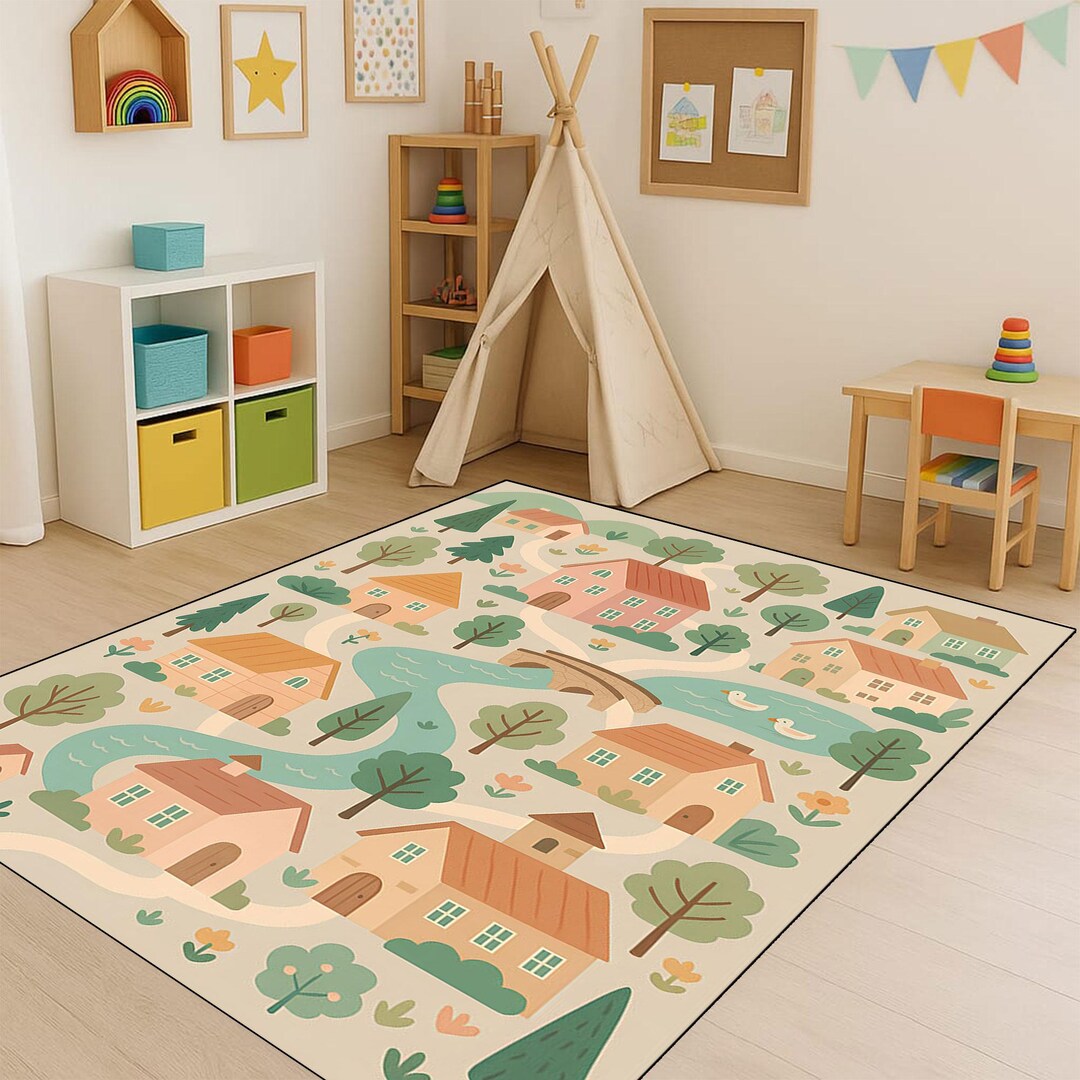 Kids Village Play Rug – Pastel Town Map Carpet for Playroom - Etsy