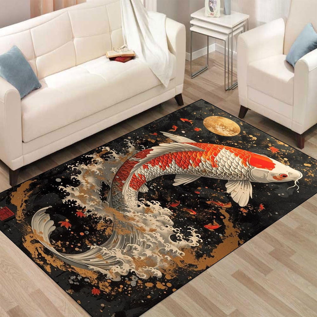 Japanese Koi Fish Rug: Luxury Red Gold Carp, Zen Asian Decor - Etsy