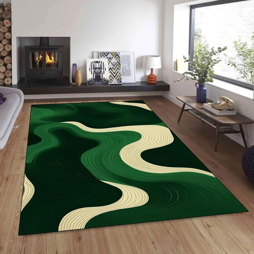 Emerald Green Abstract Wave Rug: Modern Art Digital Print Carpet - Etsy
