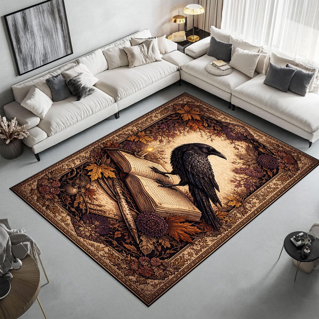 Dark Academia Raven Rug With Ancient Book and Candle, Gothic Scholarly ...