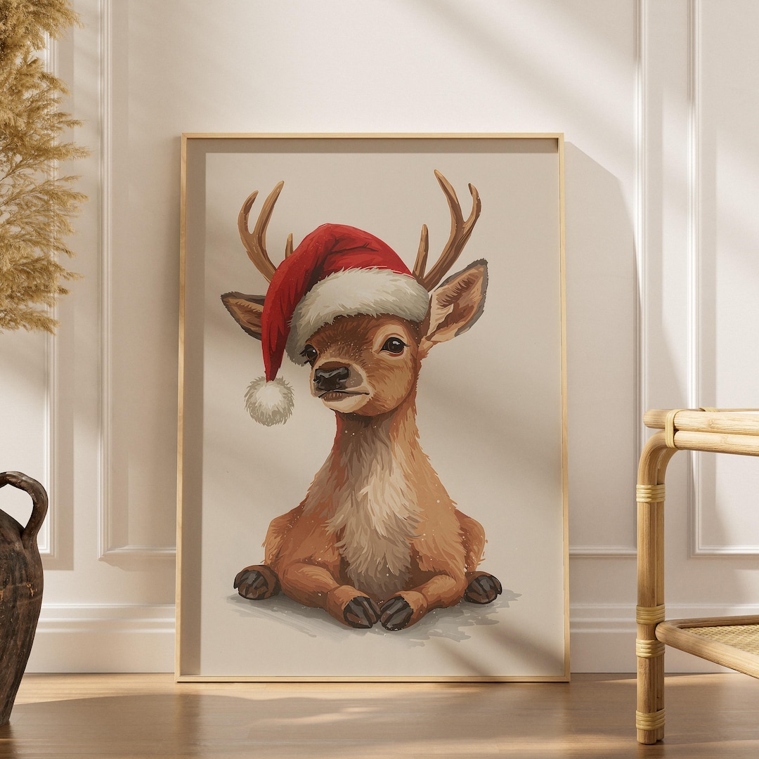 Impressão de Rena de Natal | Rena com Gorro de Papai Noel, Arte para ...