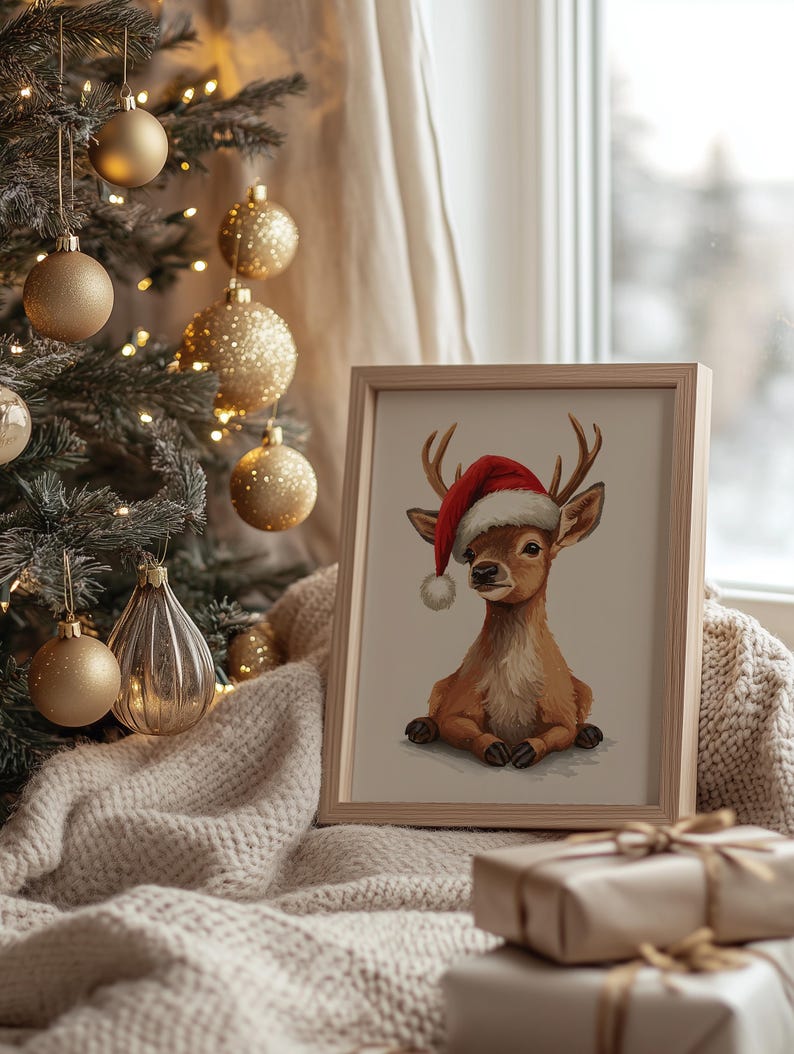 Impressão de Rena de Natal | Rena com Gorro de Papai Noel, Arte para ...