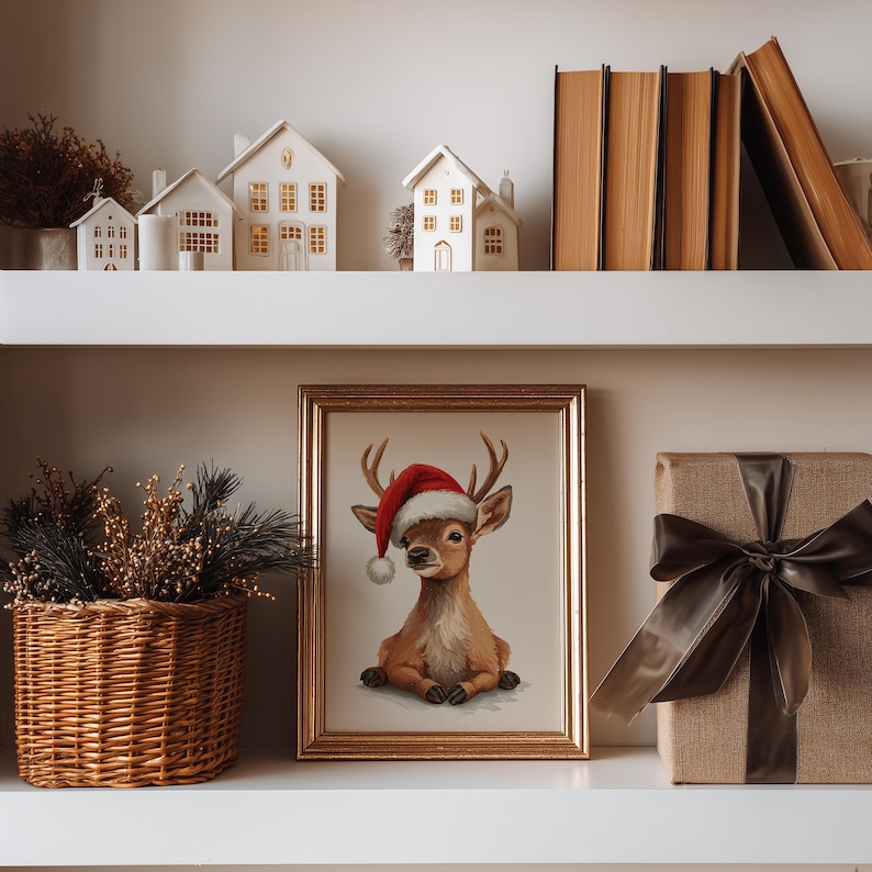 Impressão de Rena de Natal | Rena com Gorro de Papai Noel, Arte para ...