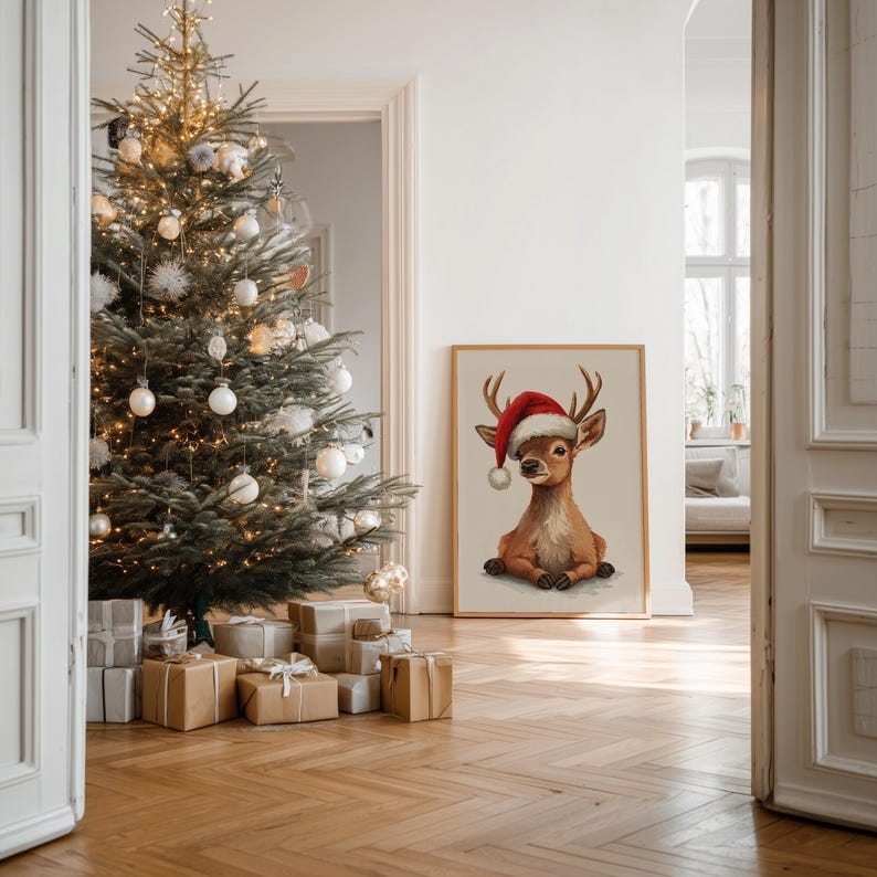 Impressão de Rena de Natal | Rena com Gorro de Papai Noel, Arte para ...