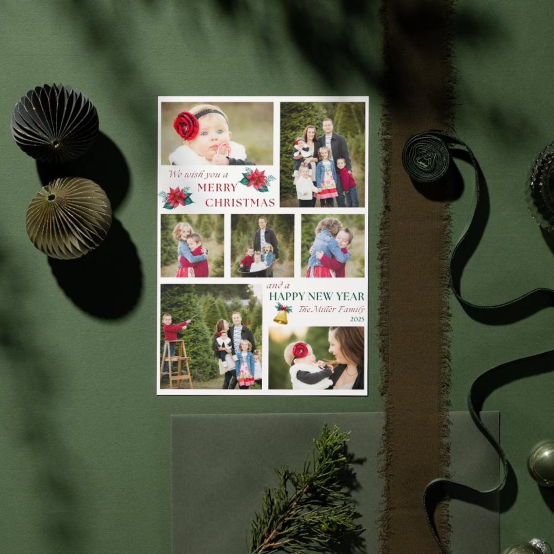 Photo Collage Christmas Card Template | Poinsettia Accents (editable ...