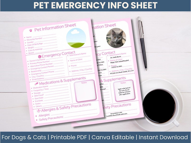 Pet Emergency Information Sheet – Dog & Cat Care Printable, Canva ...
