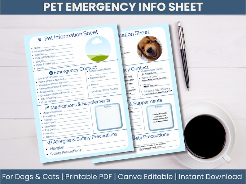 Pet Emergency Information Sheet – Dog & Cat Care Printable, Canva ...