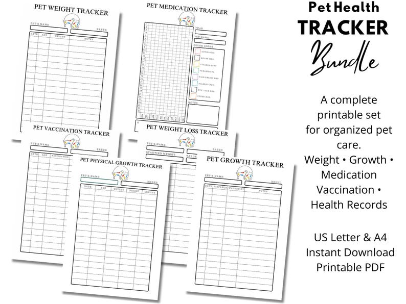 Pet Health Tracker Bundle – Printable Dog & Cat Care Planner for Weight ...