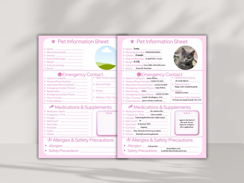 Pet Emergency Information Sheet – Dog & Cat Care Printable, Canva ...