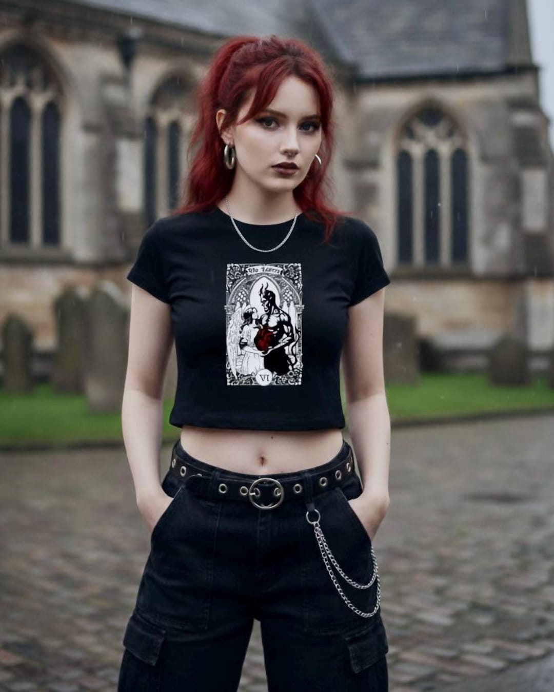 Gothic Graphic Tee , Crop Top | Angel & Devil the Lovers Tarot Design ...