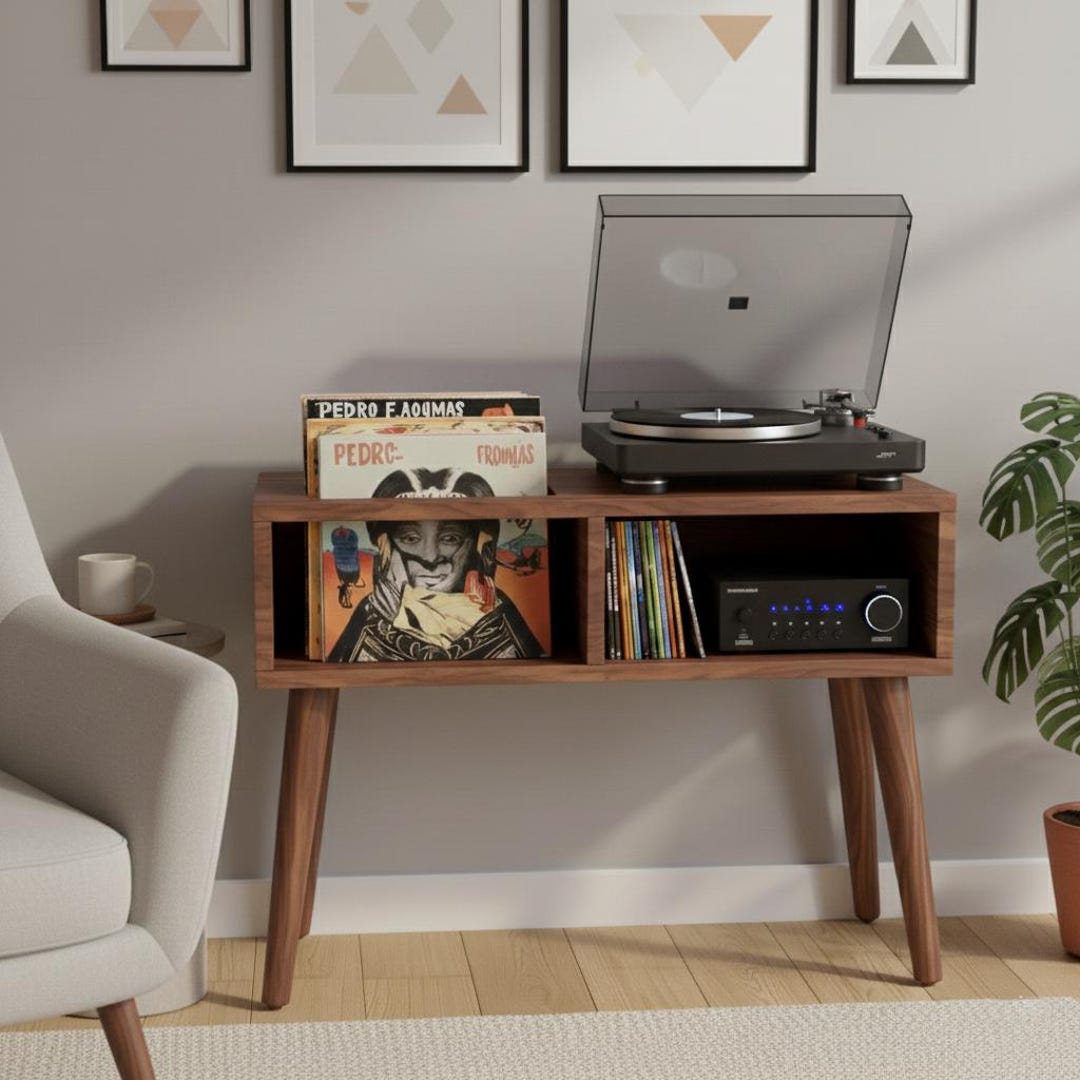 Mid-century Turntable Stand | Vinyl Record Storage | Handmade MDF Media ...