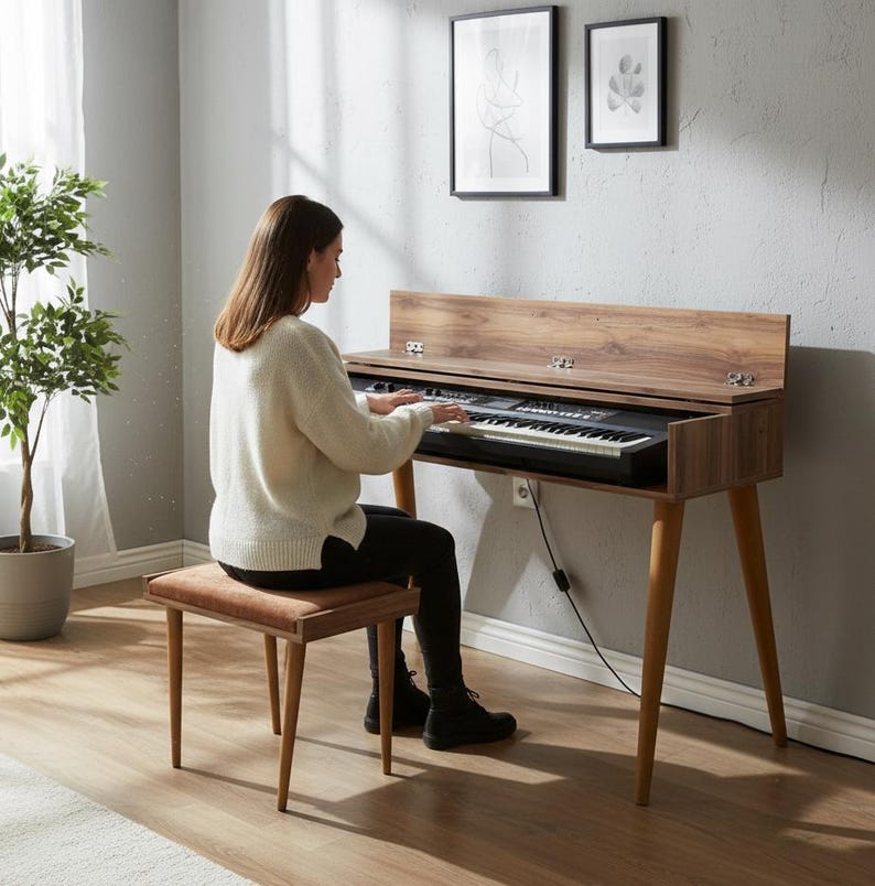 Mid-century Modern Piano Stand – Mdf Wood Keyboard Table, Minimalist ...