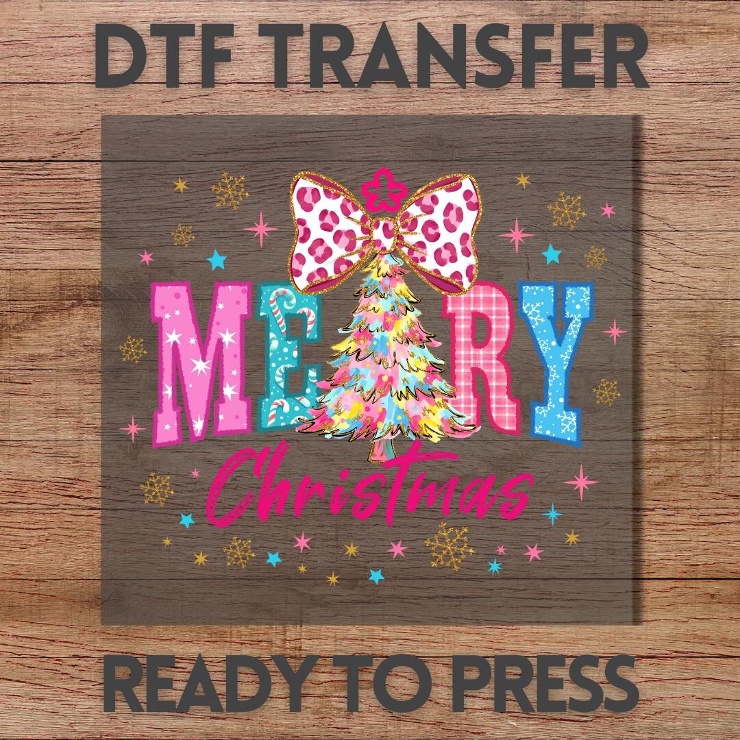 Retro Merry Christmas Tree DTF Transfer, Ready to Press Glitter Effect ...