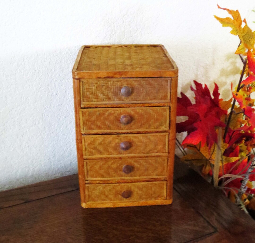 RARE Vtg Mid Century Modern Woven Wicker Trinket - Jewelry Box With 5 ...