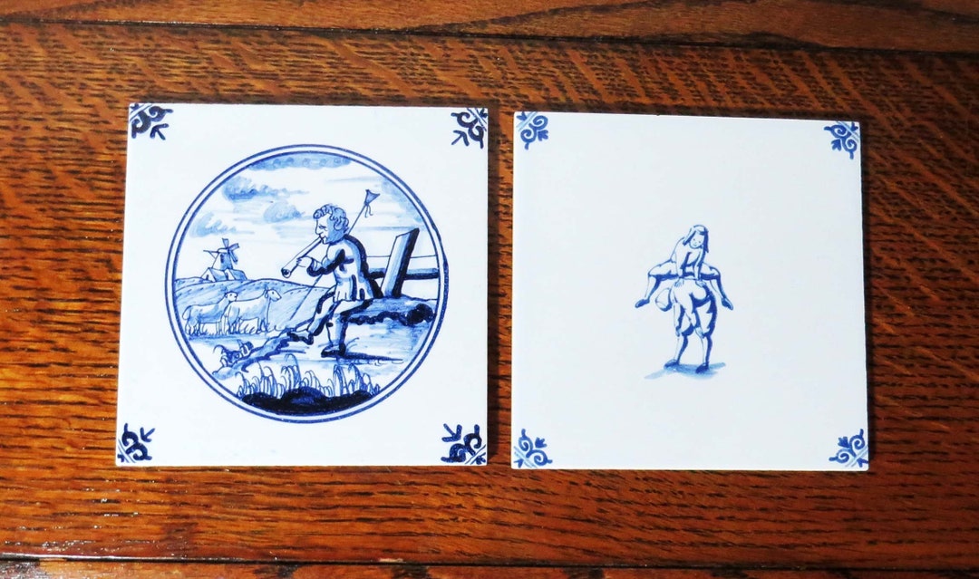 Vintage DELFT BLUE TILES - Hand Made & Hand Painted 5.25" Ceramic Tiles ...