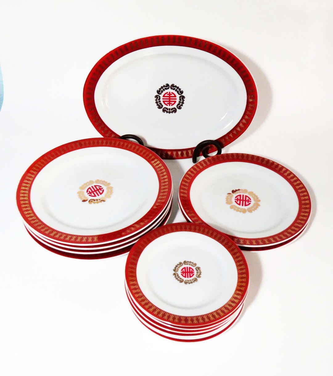 Vintage Datang Tatung Chinese Red & Gold Dining Ware 13 Piece Set With ...