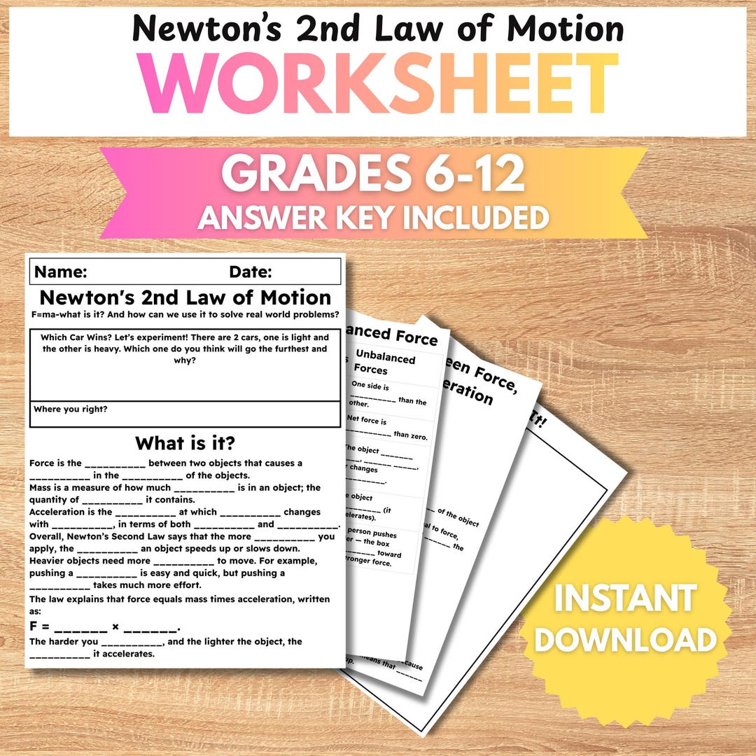 Newton's 2nd Law of Motion Worksheet - Etsy UK