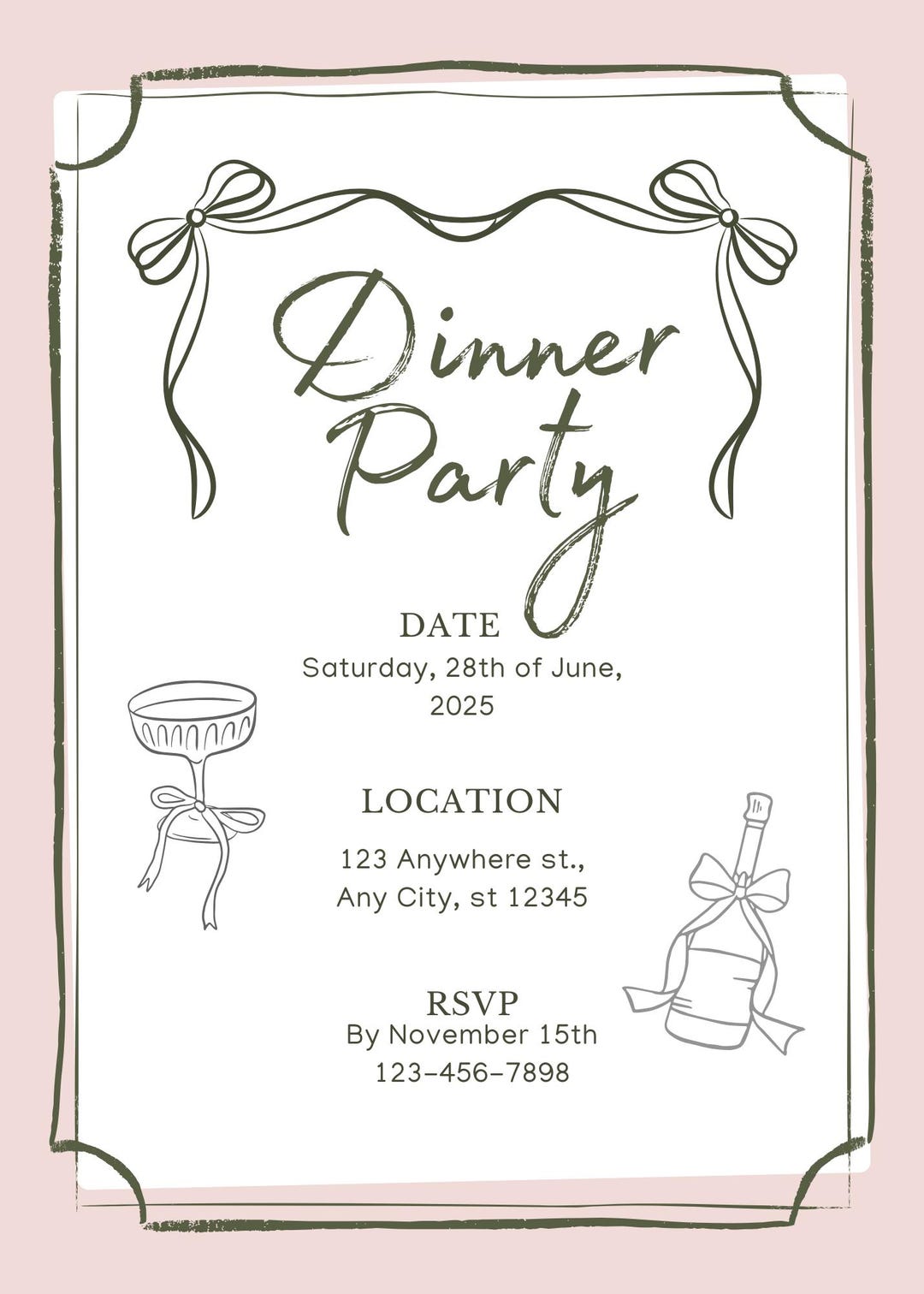 Elegant Dinner Party Invitation Template: Bow & Champagne Design (canva ...