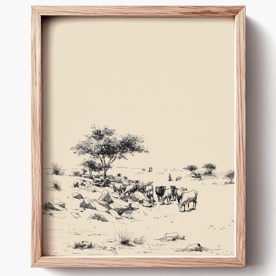 Rustic Western Printable Art - Cattle Under Tree Ink Sketch, Minimal ...