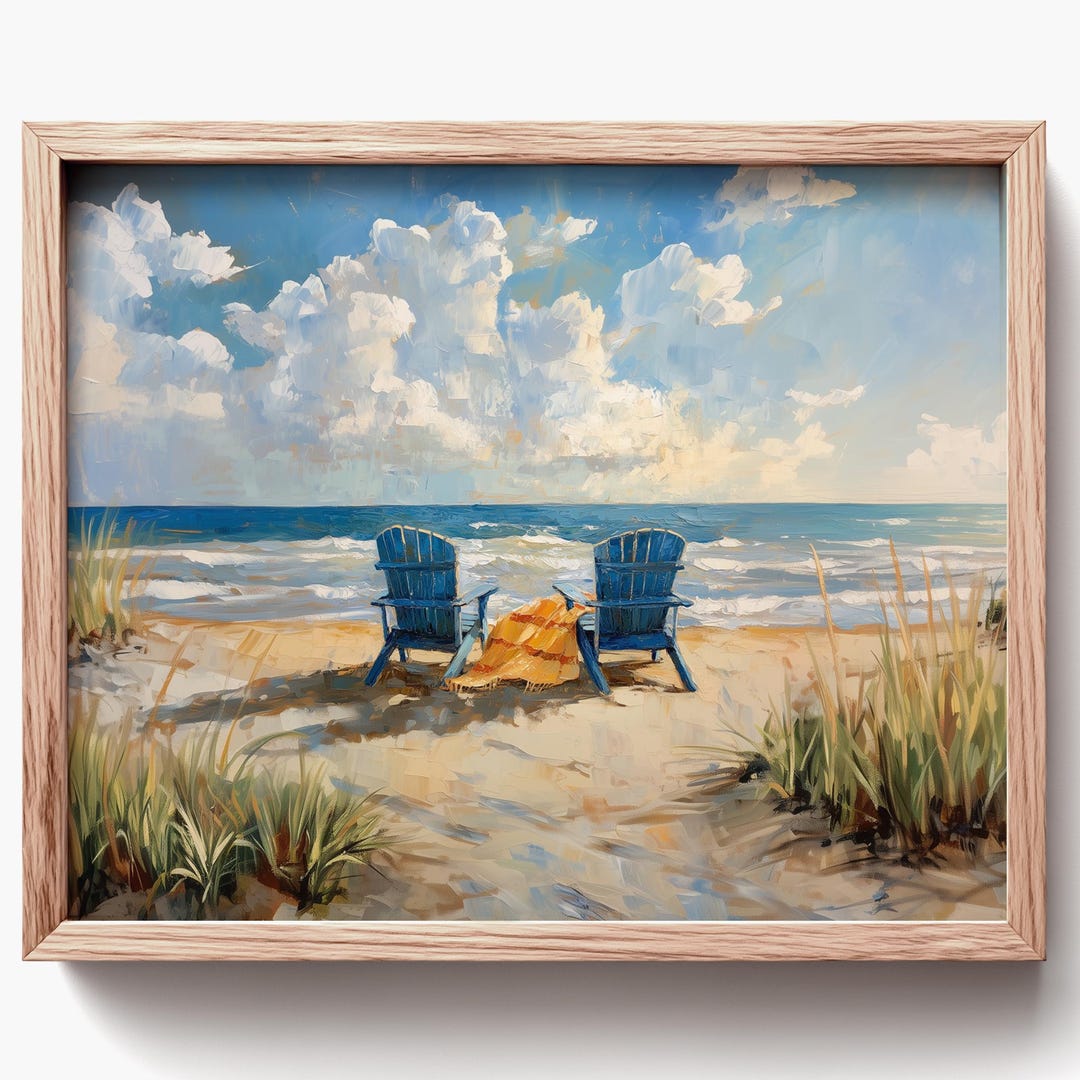 Coastal Beach Chairs Print - Serene Romantic Seascape Art, Cozy Ocean ...