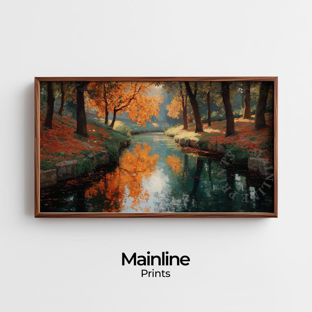 Autumn Stream Frame TV Art, Rustic Fall Landscape Painting, Orange and ...
