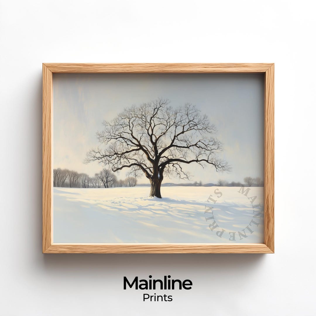 Winter Oak Tree in Snowy Landscape - Rustic Solitary Scene, Vintage ...