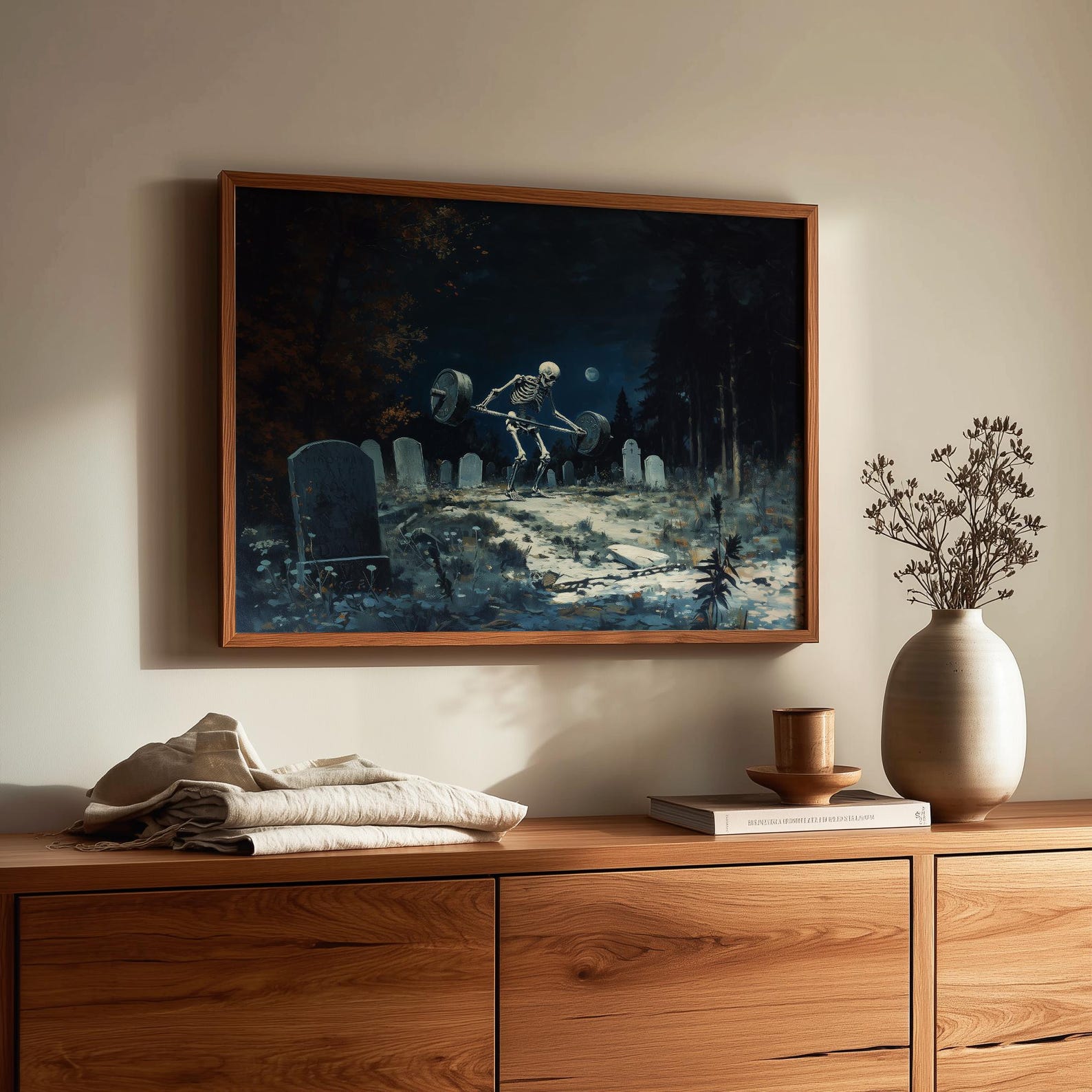 Printable Skeleton Deadlifting Under Moonlight - Moody Halloween Art ...