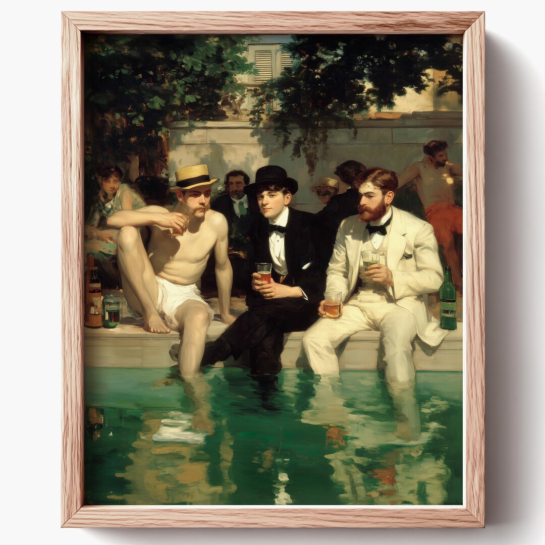 Vintage Mens Pool Party Painting - Upscale Summer Social Scene, Classic ...