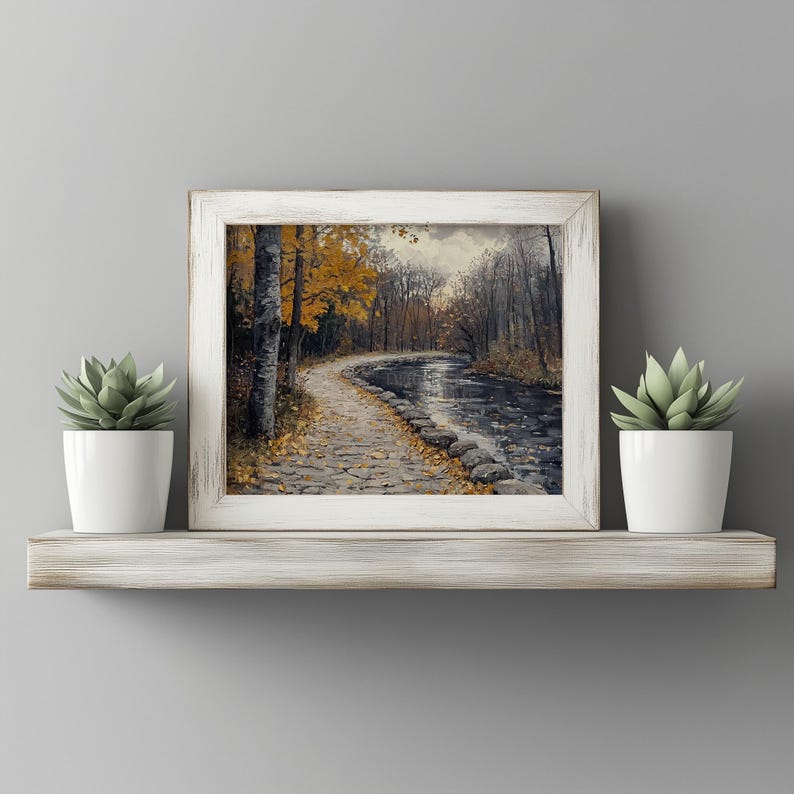 Rustic Autumn Forest Path Painting - Printable Wall Art, Golden Leaves ...