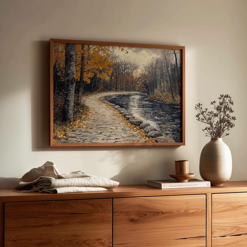 Rustic Autumn Forest Path Painting - Printable Wall Art, Golden Leaves ...