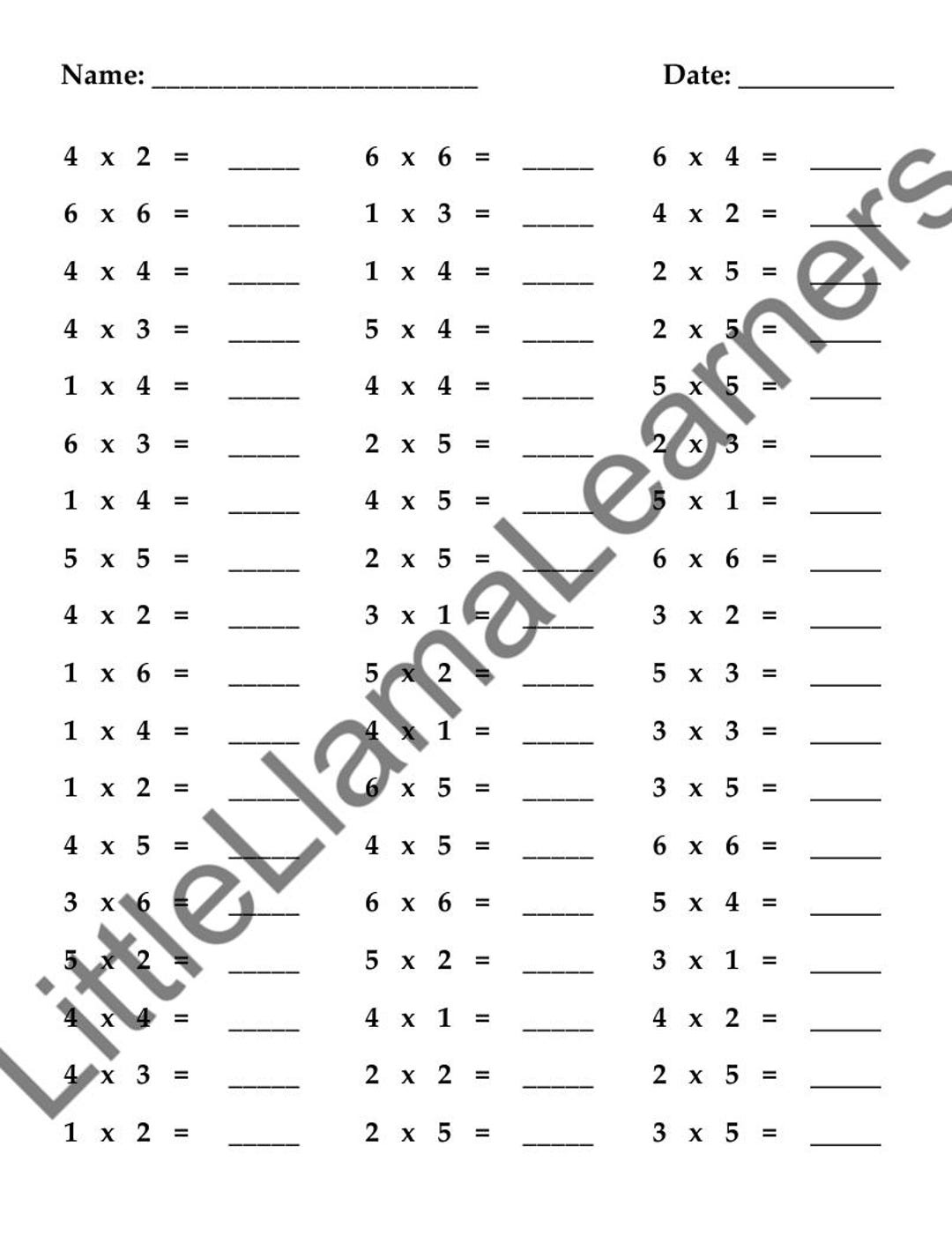 Multiplication Worksheets (numbers 1-6) - Etsy