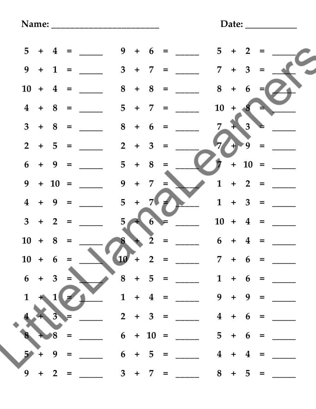 Addition Worksheets (numbers 1-10) - Etsy