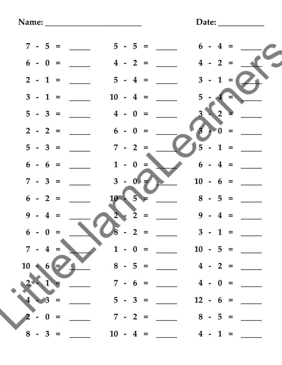 Subtraction Worksheets (numbers 0-12) - Etsy