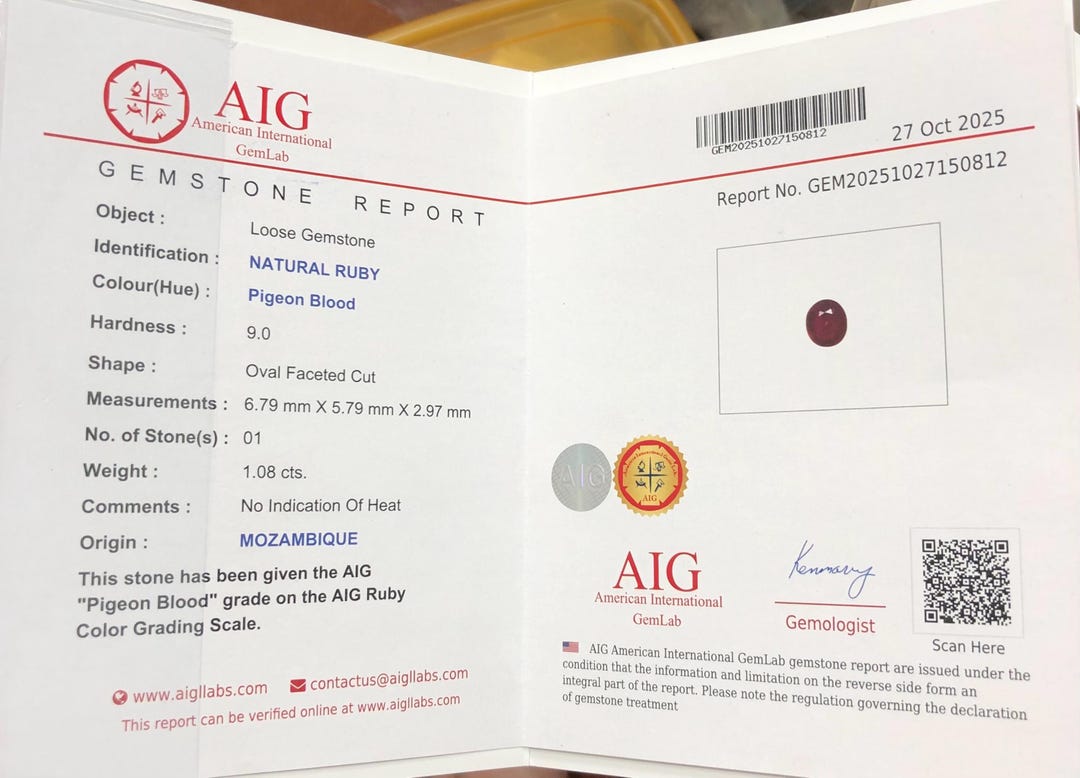 Pigeon Blood Red Ruby – 1.08ct Oval Mozambique Gemstone, AIG Certified ...