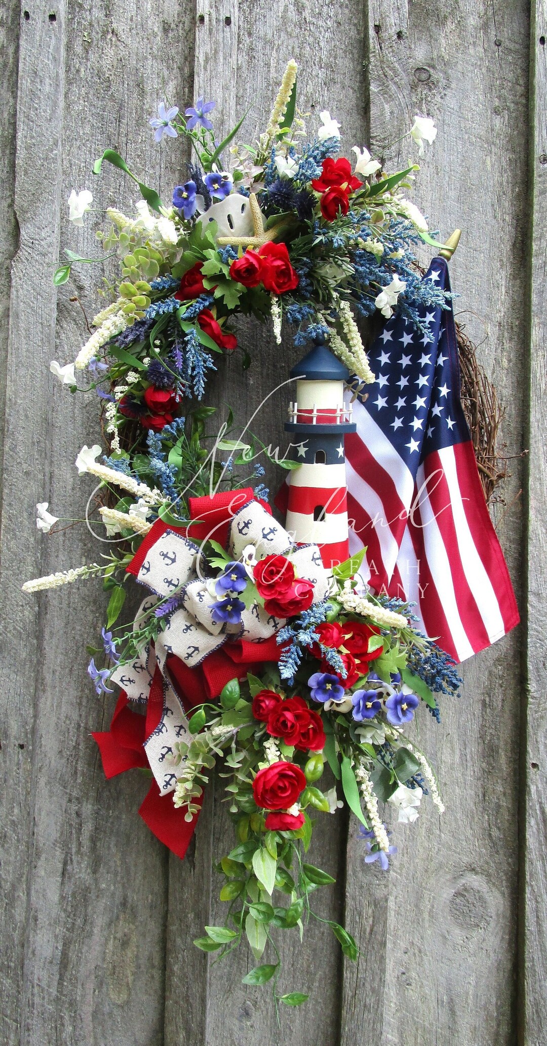 Coastal Fourth of July Door Decor, Cape Cod Patriotic Lighthouse Wreath ...