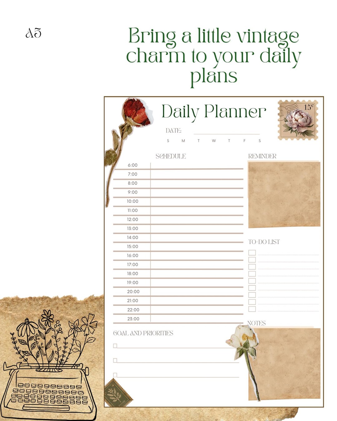 Vintage Flower Daily Planner | Antique Paper Style (digital Download ...