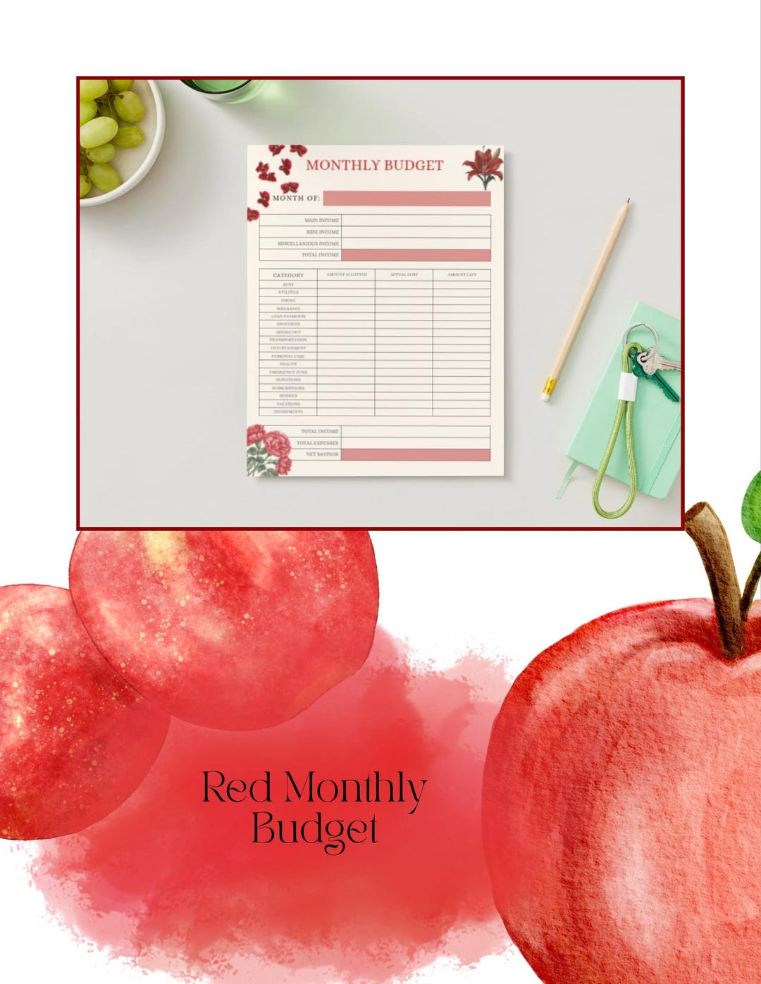 Red Monthly Budget Planner | Printable Financial Tracker | A5, Standard ...