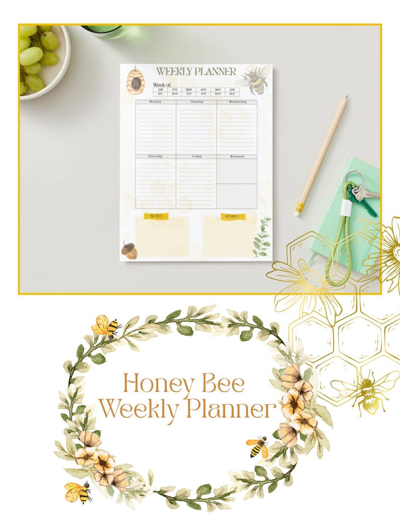 Vintage Bee Weekly Planner Printable | Hourly Schedule (A5, Letter ...