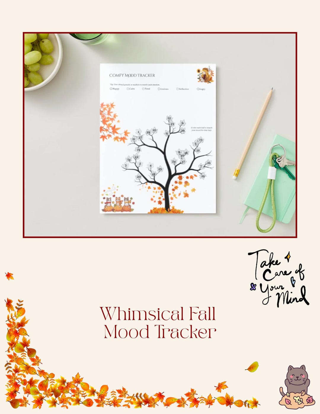 Autumn Cat Mood Tracker | Fall Printable Journal, Mental Health ...