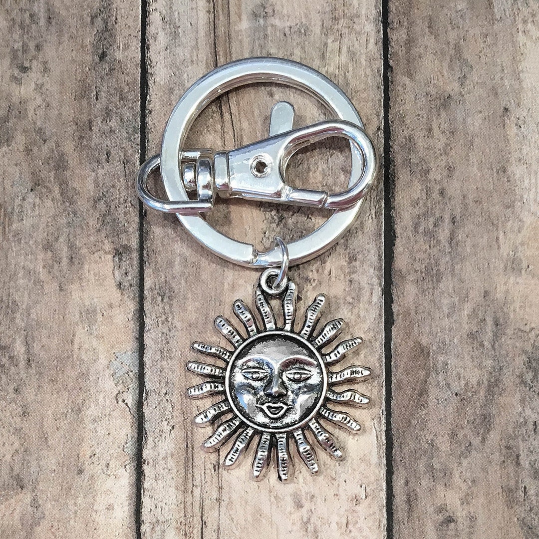 Sun Keychain, Silver Sun Charm Key Chain, Initial Keyring, Personalized ...