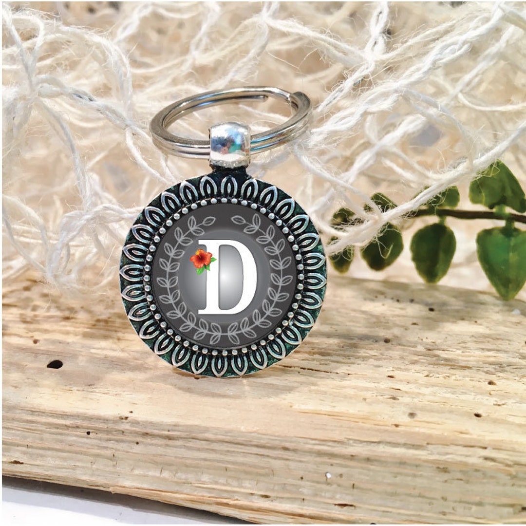 Letter D Keychain, Cabochon Keychain, Initial Keychain Silver, Monogram ...